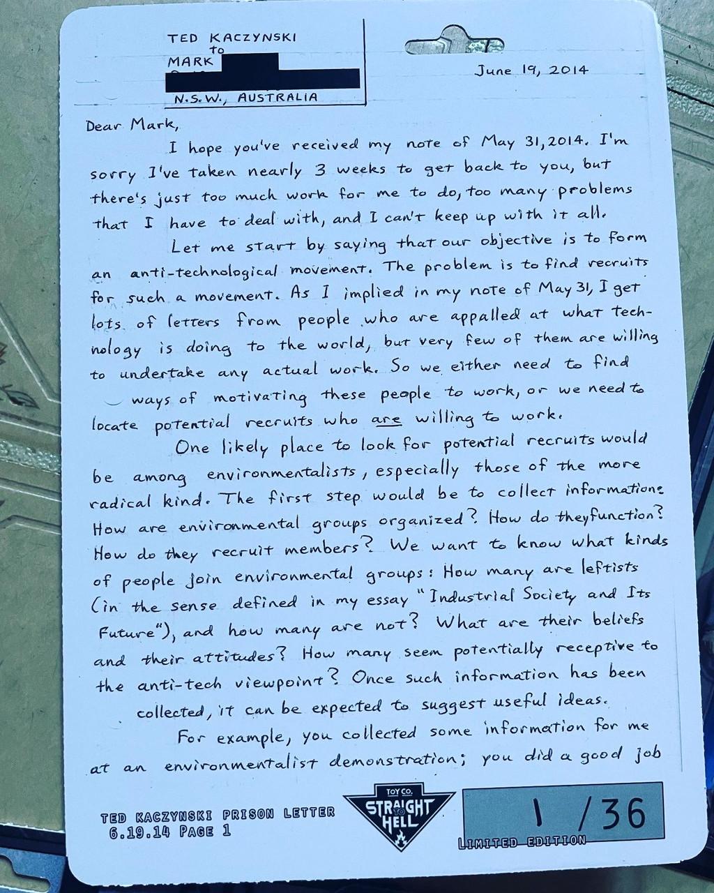 Ted Kaczynski's Correspondence with Mark from Australia | The Ted K Archive